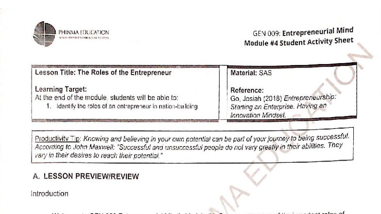 PHINMA EDUCATION GEN 009: Entrepreneurial Roles and Impact Module 4 ...