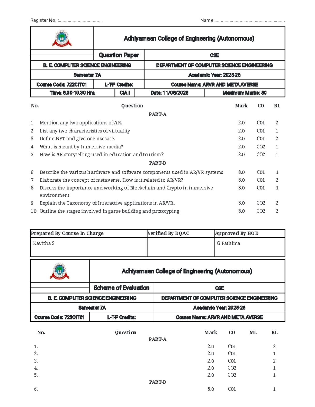 ARVR & Metaverse CIA I Question Paper - CSE 722CIT01 - Studocu