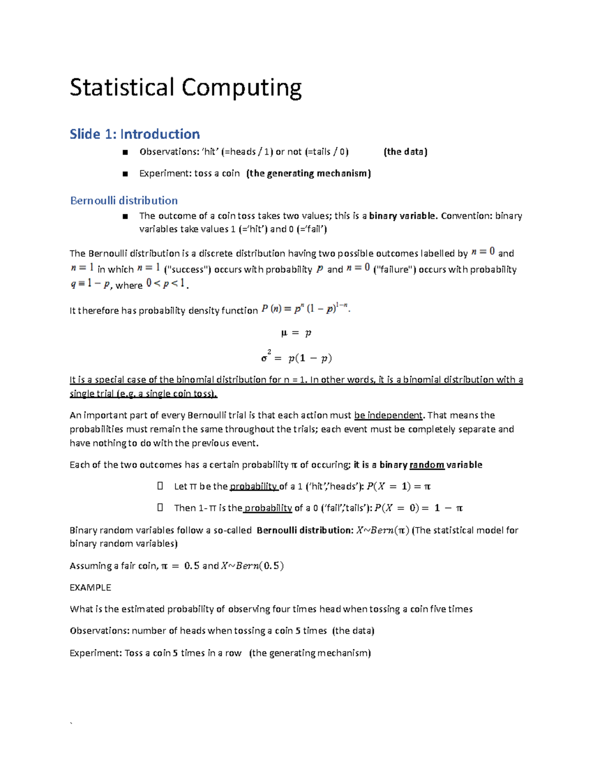 Notes and Exercises Statistical Computing - Statistical Computing ...