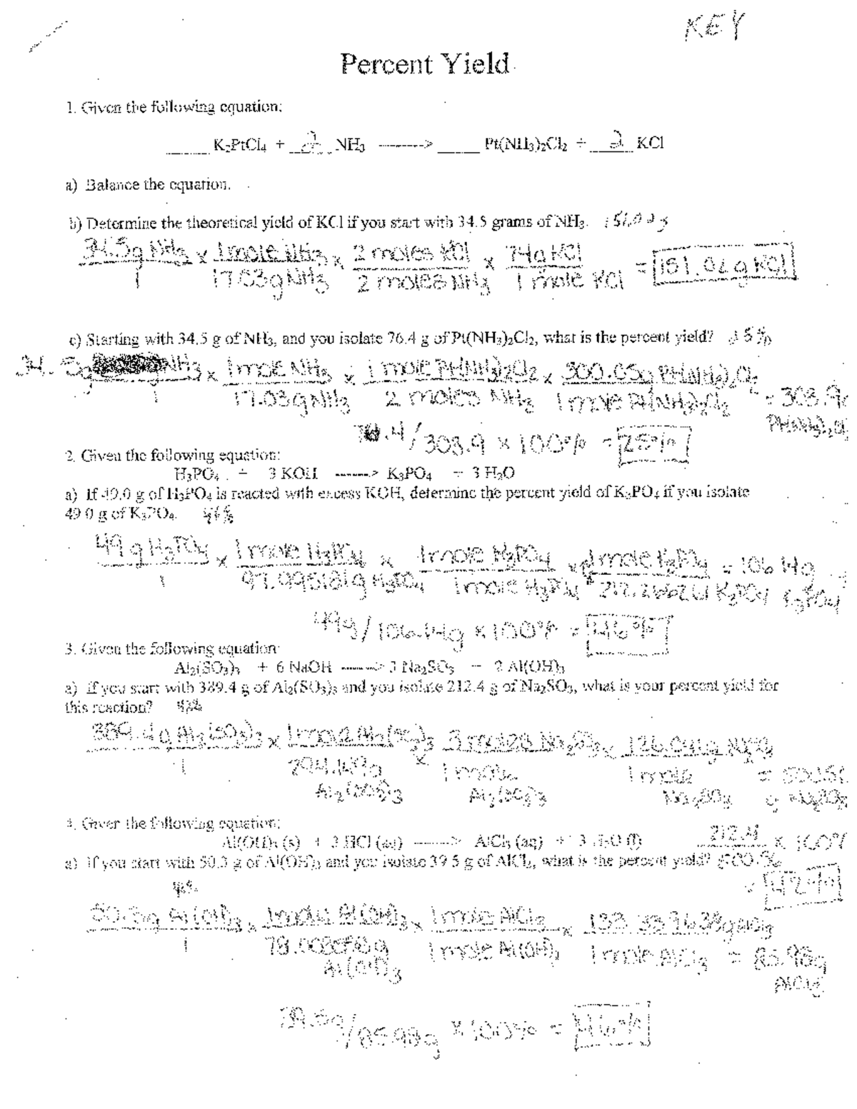 Percent Yield Key - CHEM: Balancing Equations & Calculating Yields - Studocu