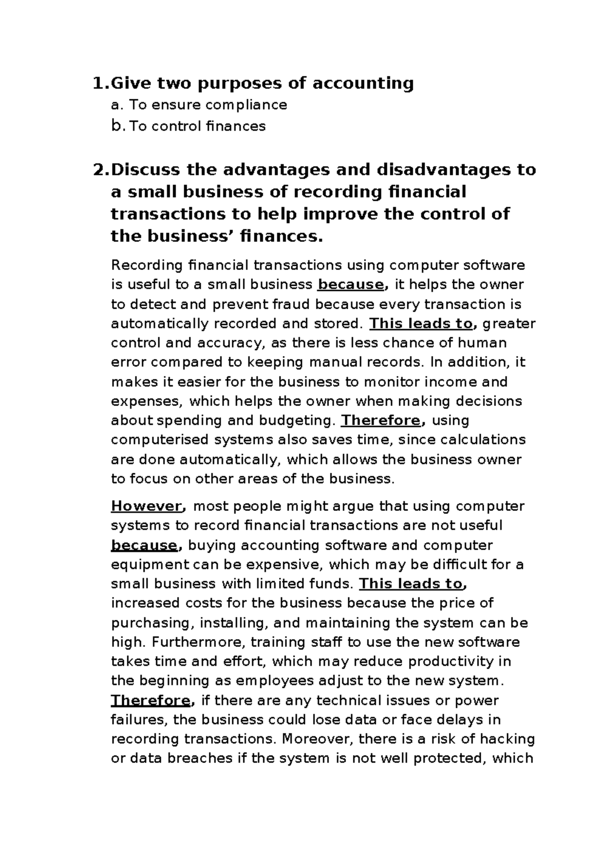 Business Homework: Purpose of Accounting & Financial Control (Miss ...