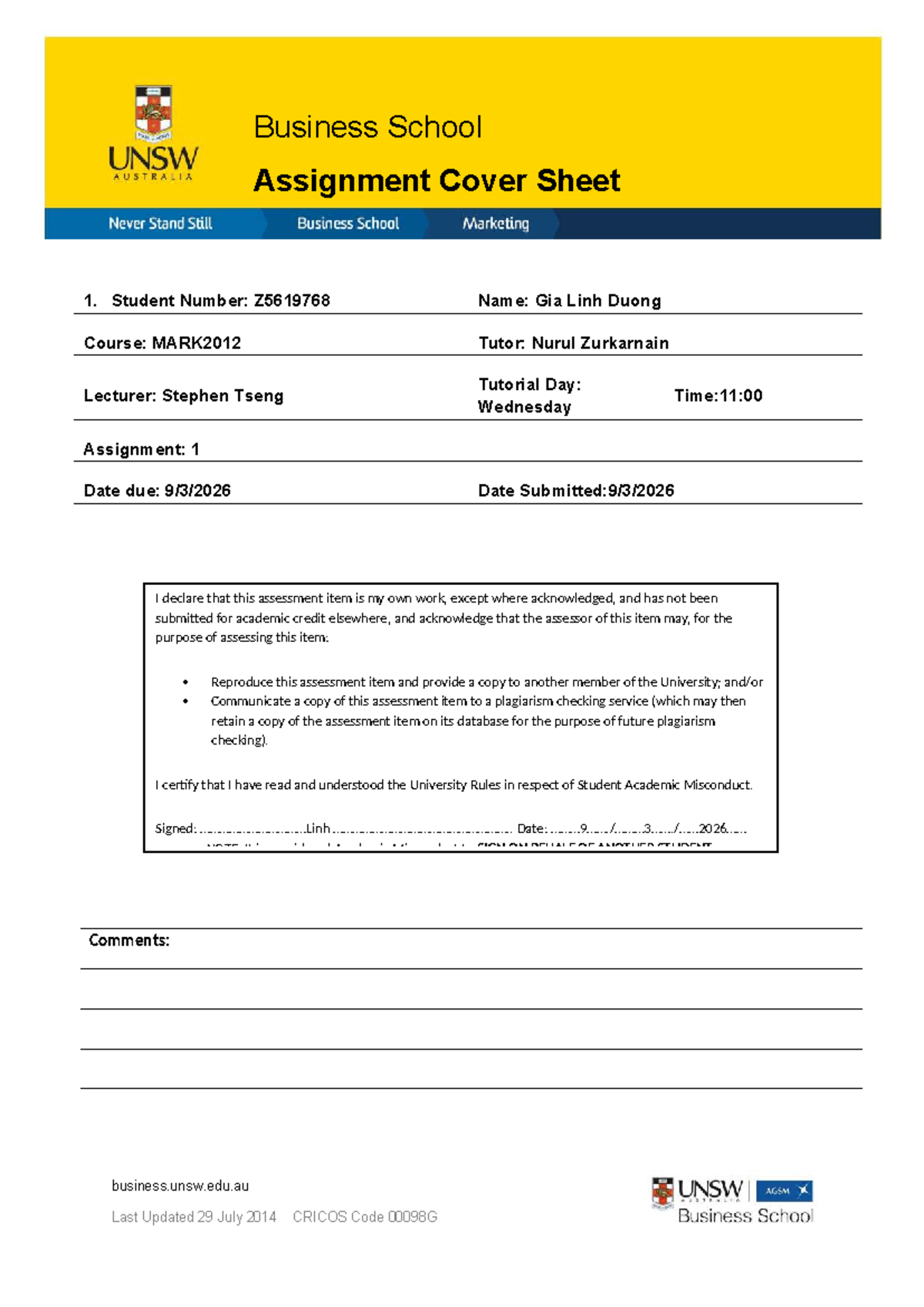MARK2012 Business School Assignment Cover Sheet & Reflection - Studocu