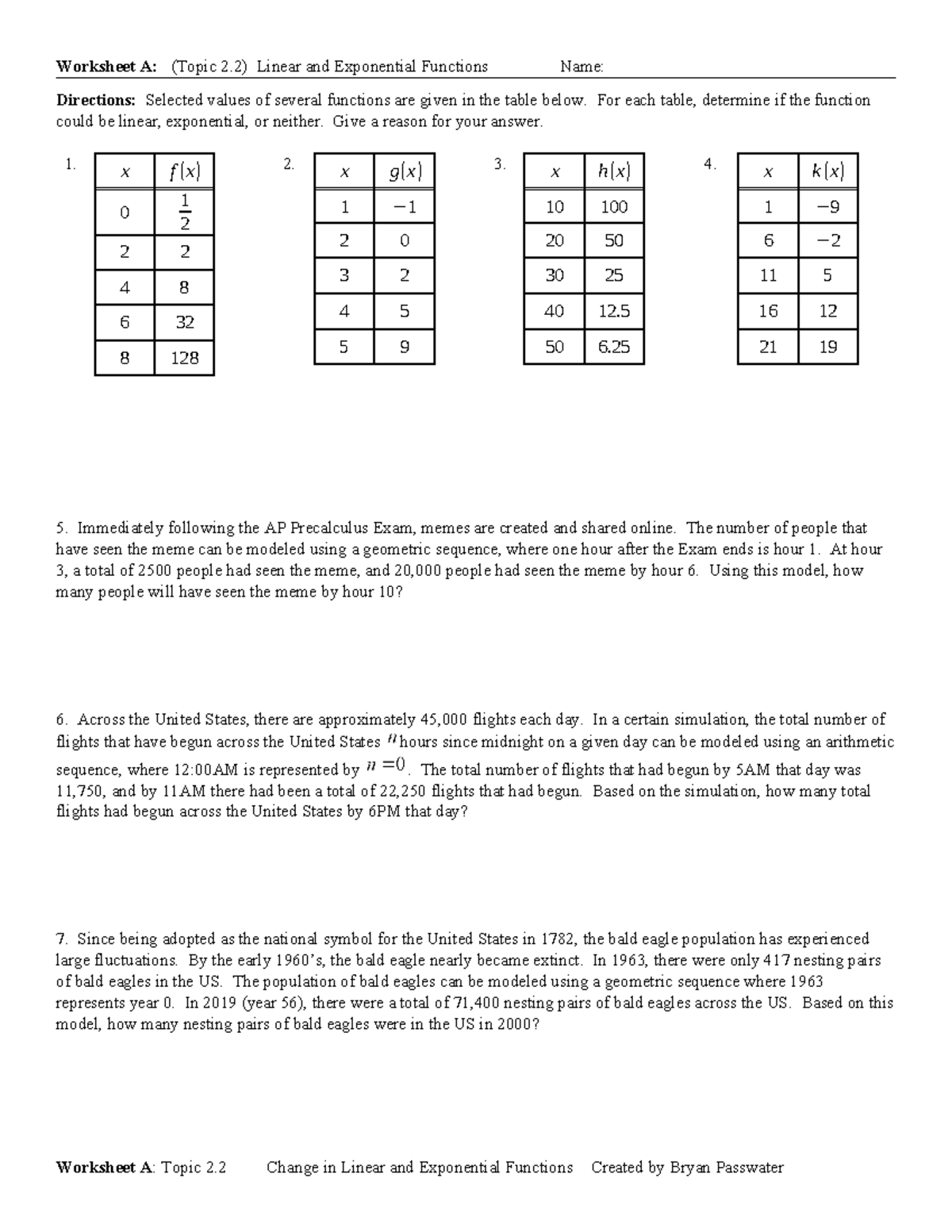 Worksheet A: Topic 2 - Linear vs Exponential Functions Analysis - Studocu