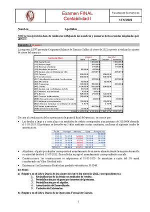 Examen Final 2021 contabilidad - EXAMEN FINAL DE CONTABILIDAD I Universidad de Navarra Pamplona ...