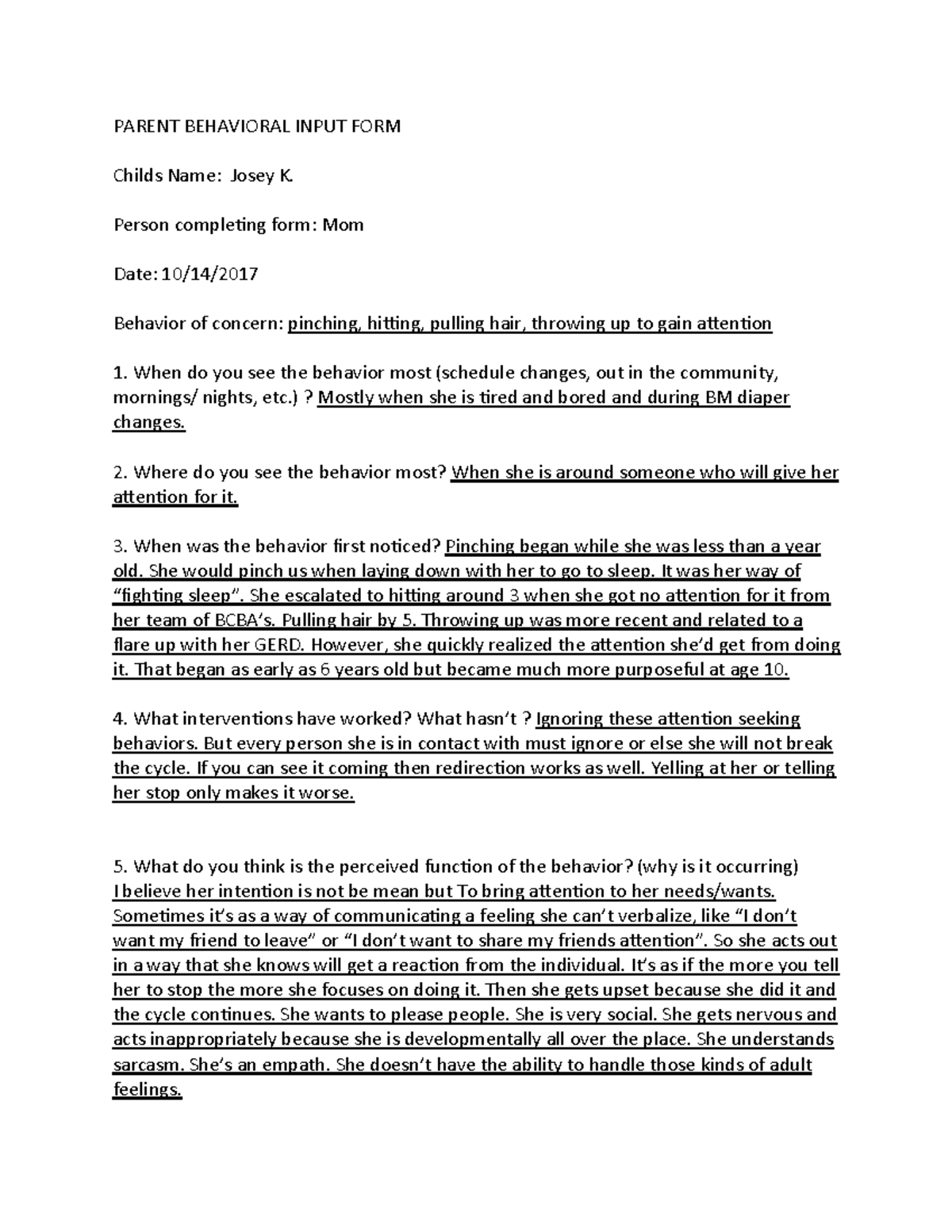 Parent Behavior Input Example - PARENT BEHAVIORAL INPUT FORM Childs ...