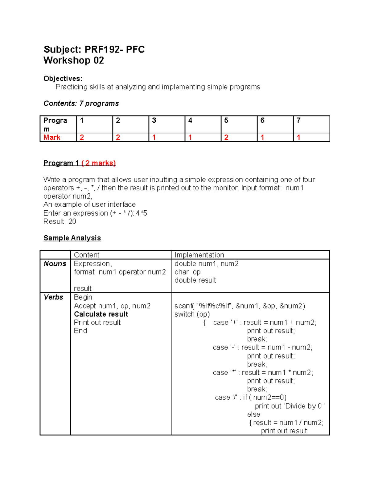 fds asdfasd fsd dsaf - Subject: PRF192- PFC Workshop 02 Objectives ...