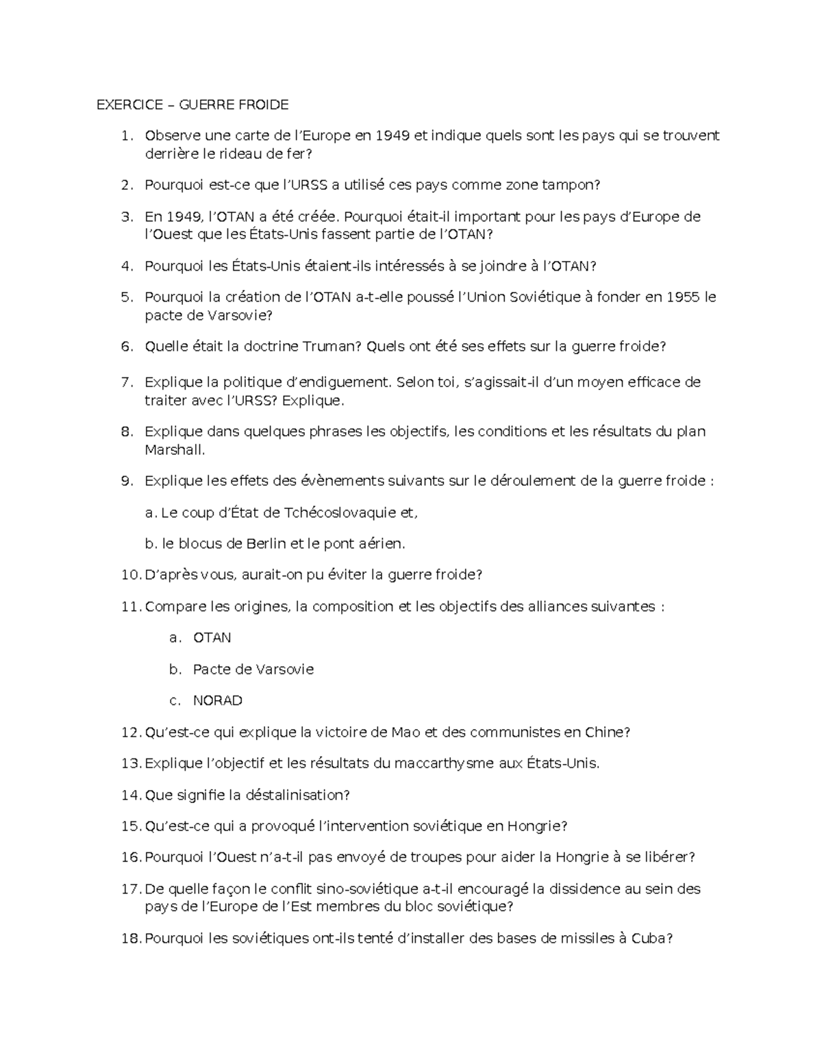 Exercice - La Guerre Froide: Analyse des Événements Clés et Alliances ...