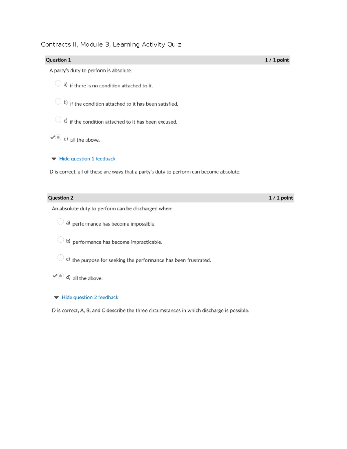 Contracts II, Module 3, Learning Activity Quiz Review & Analysis - Studocu