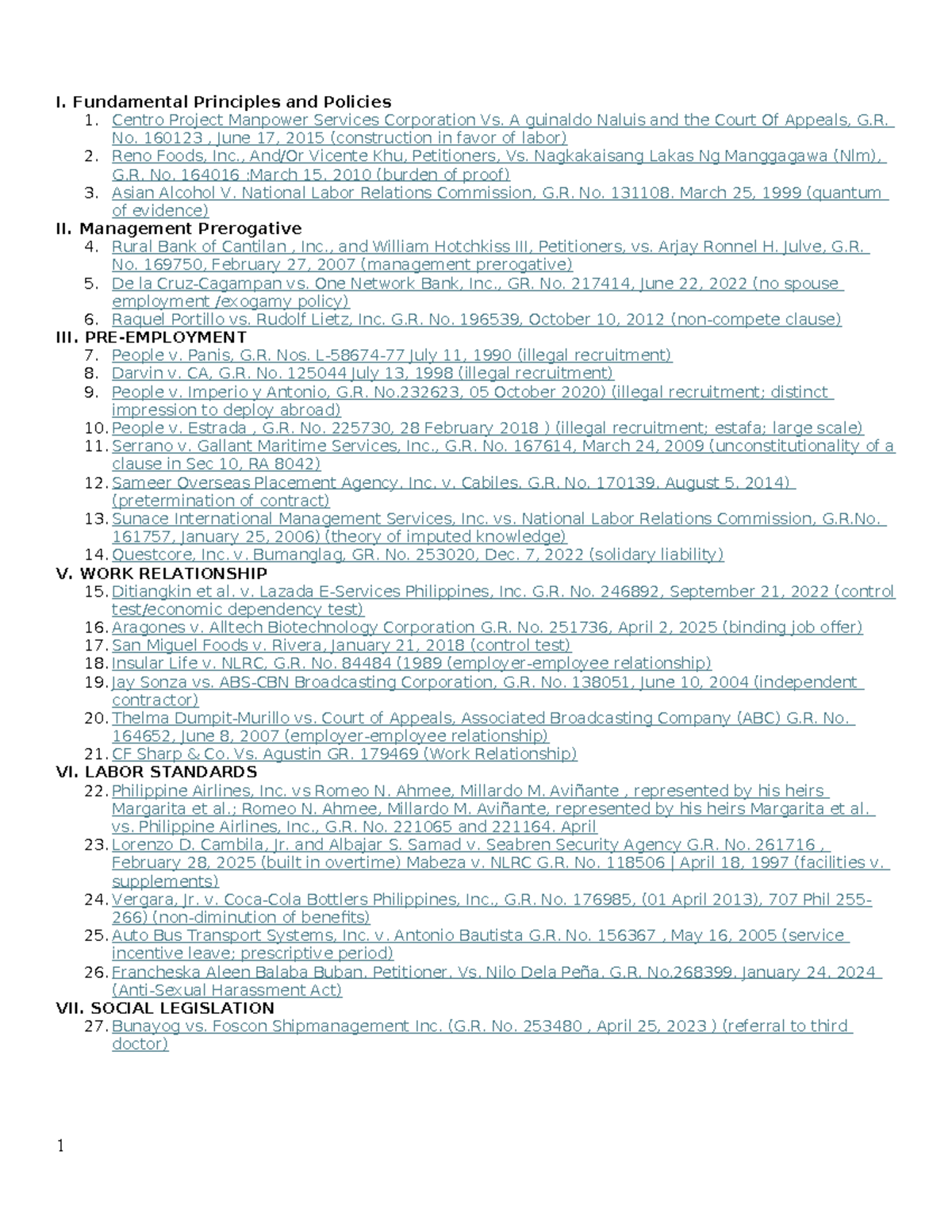 Labor Standards Case Digest: Key Rulings and Principles (LAW 101) - Studocu