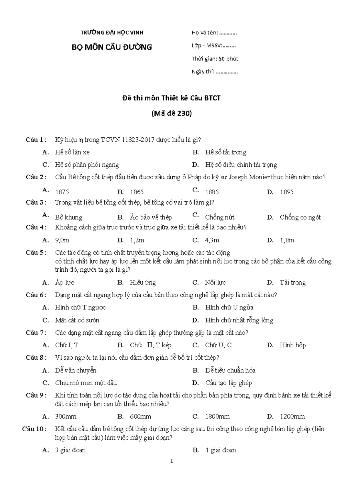 230 - Trắc nghiệm môn Thiết kế cầu BTCT (50 phút) - Studocu