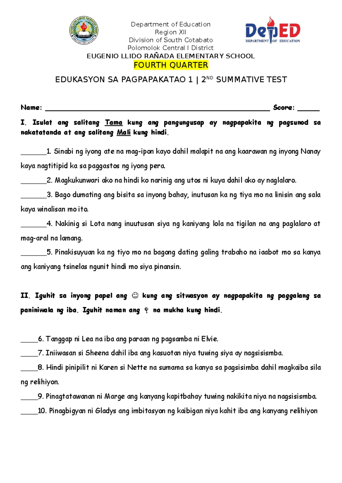 2ND Quarter Summative TEST NO. 2 - SUMMATIVE TEST NO. 2 (ARALING ...