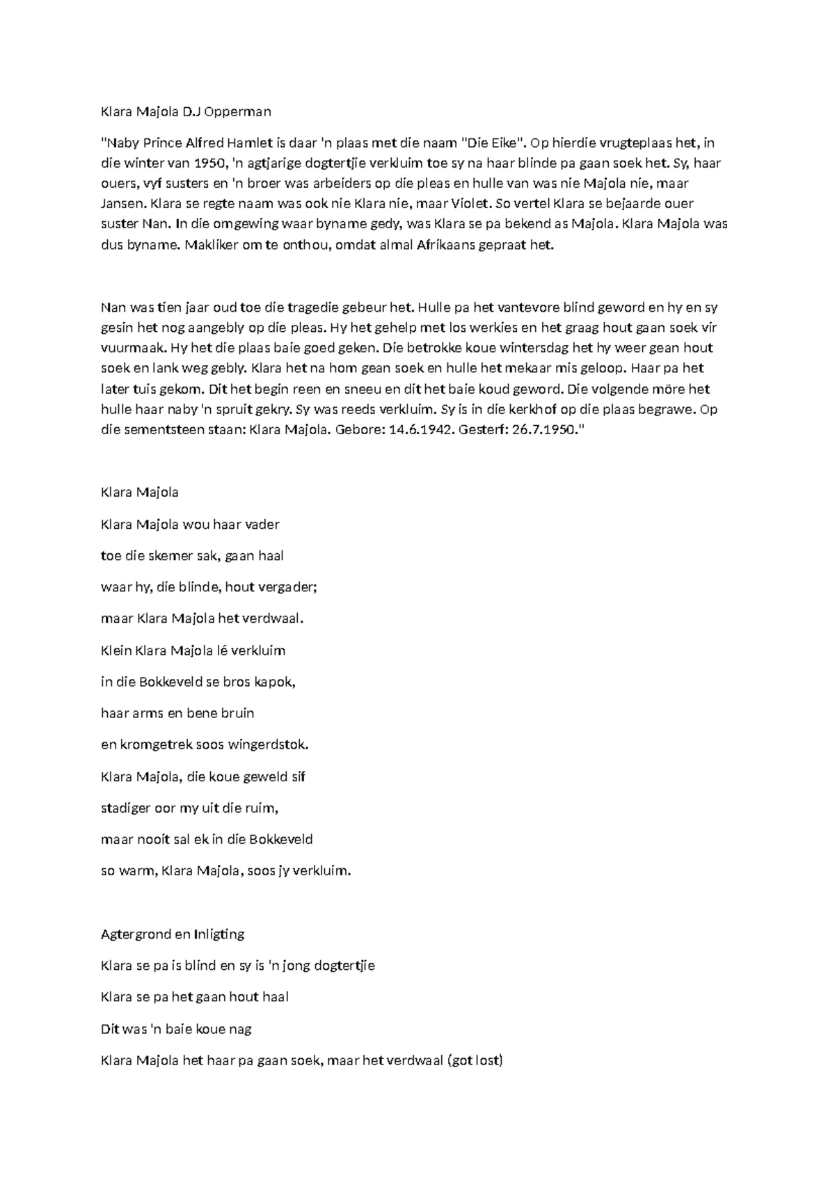Klara Majola: 'n Gedig oor die Tragedie van 'n Verwaalde Meisie - Studocu
