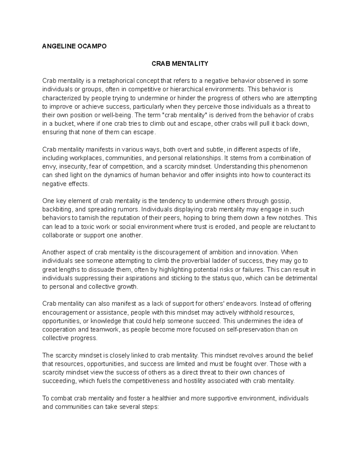 CRAB Mentality - ANGELINE OCAMPO CRAB MENTALITY Crab mentality is a ...