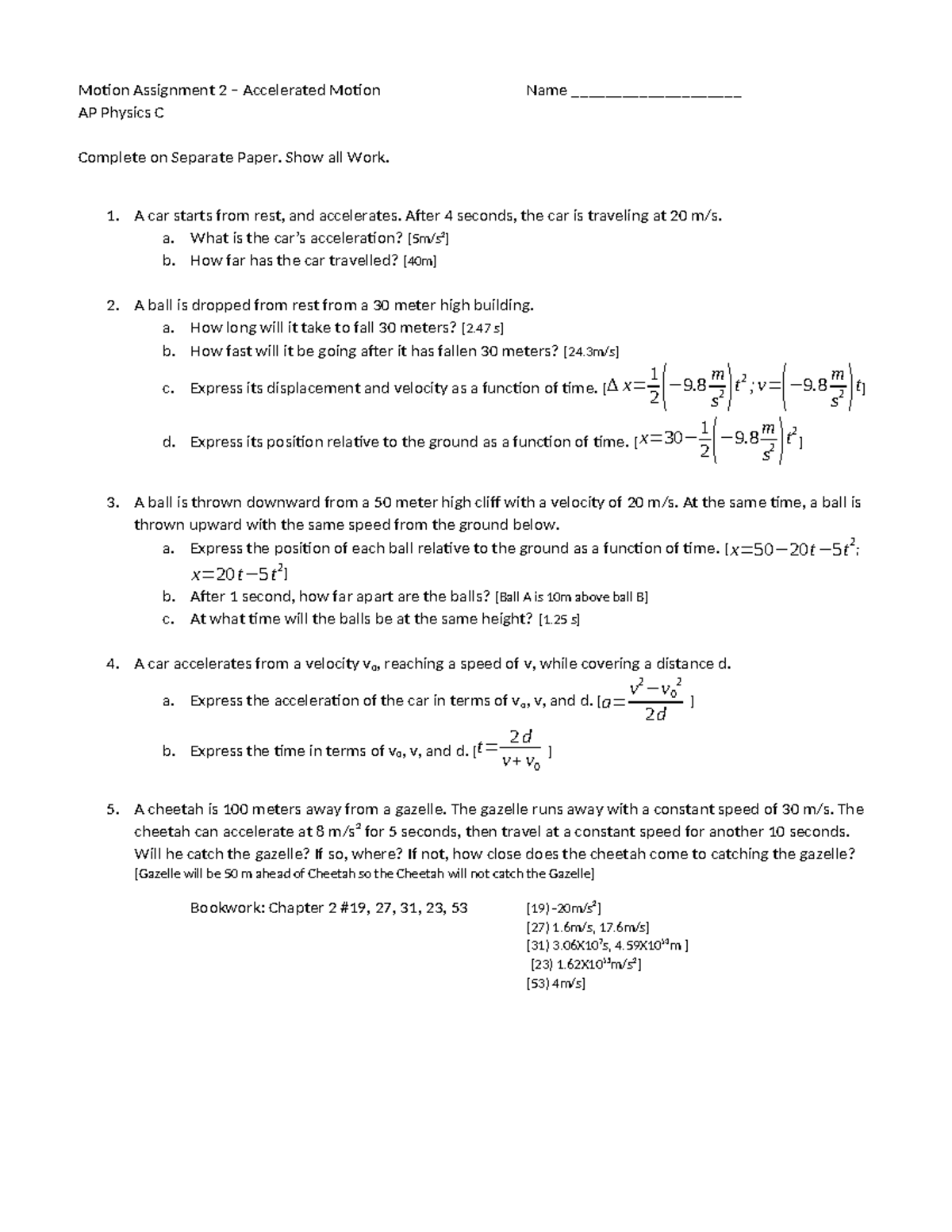 Motion Assignment 2: Accelerated Motion AP Physics C Solutions - Studocu