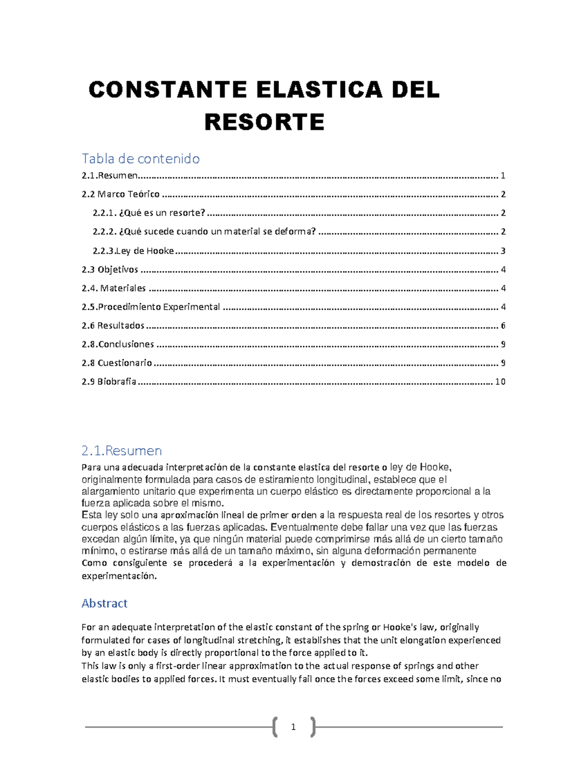 Laboratorio de Física 100: Estudio de la Constante Elástica del Resorte ...