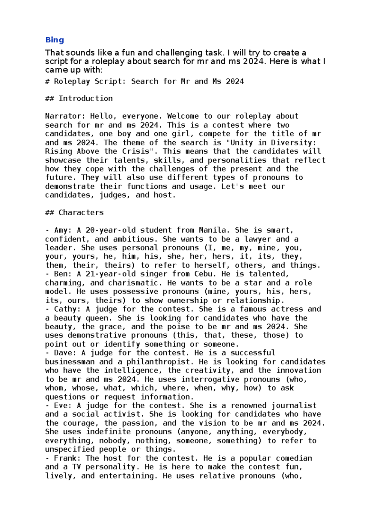 Roleplay Script: Search for Mr and Ms 2024 Contest - Studocu