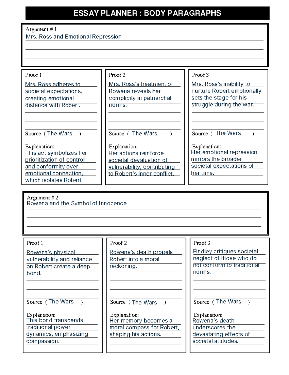 U4L5 General Essay Planner - ESSAY PLANNER : BODY PARAGRAPHS Argument ...
