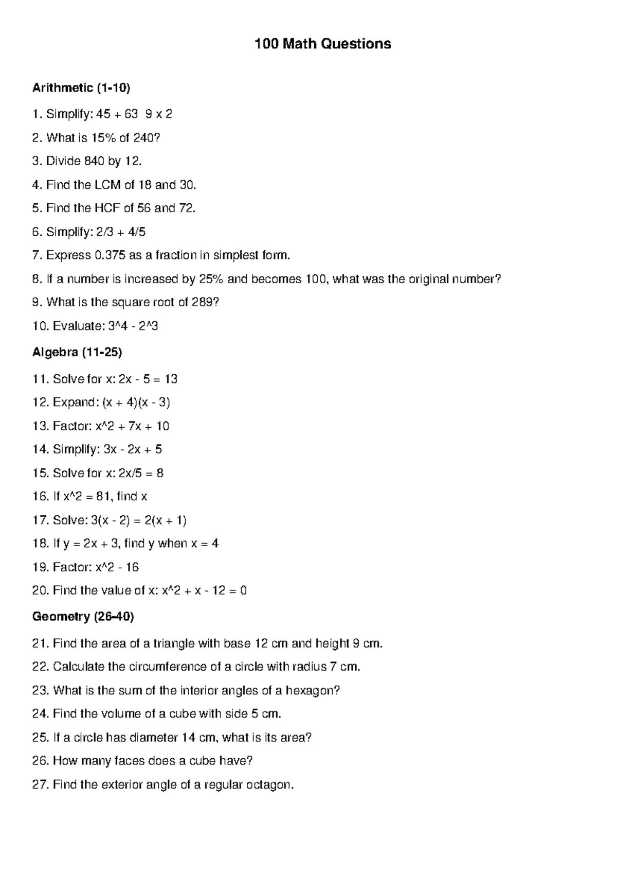 100 Math Questions - Arithmetic & Geometry Practice - Studocu