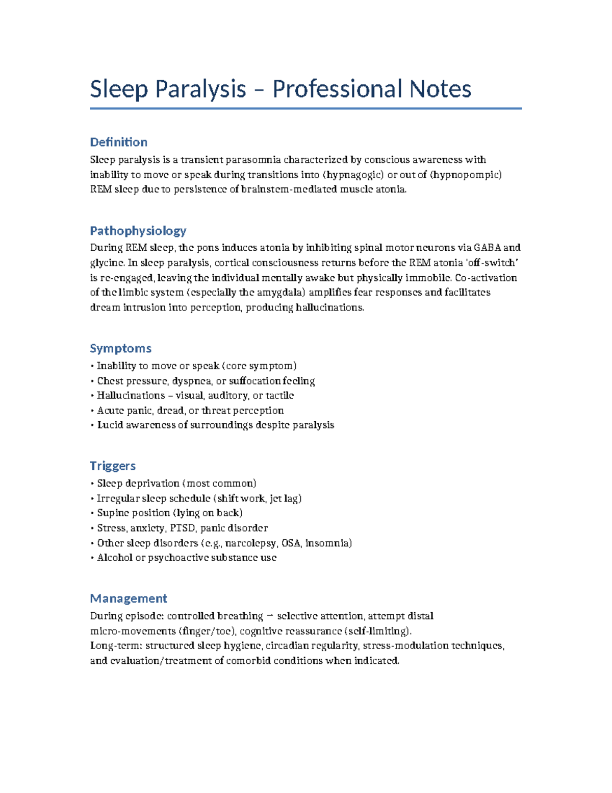 Sleep Paralysis Notes: Definition, Symptoms, and Management - Studocu