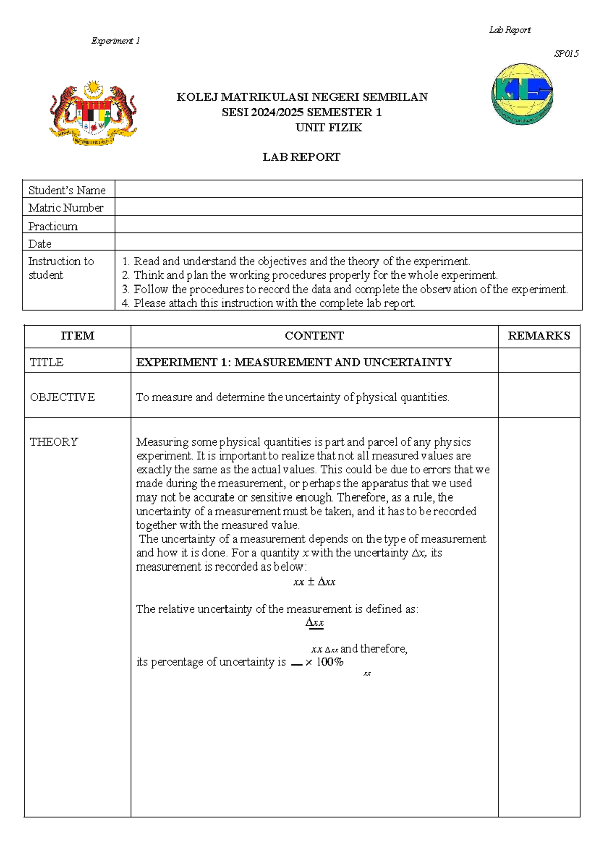 SP015 EXP 1 - Post-Lab Question (Lab Report Question) - Experiment 1 SP ...