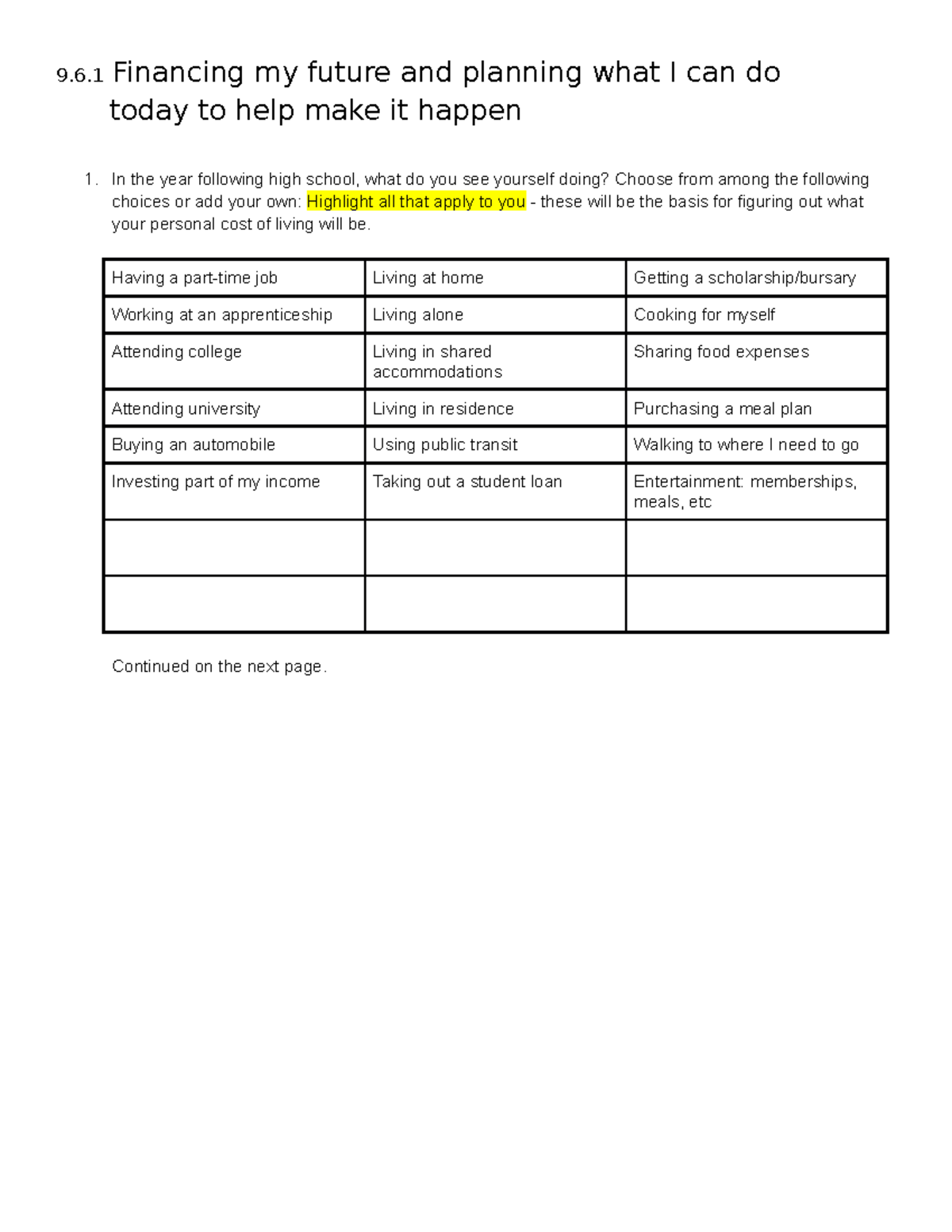 Financing My Future: Budgeting Worksheet for College/University ...