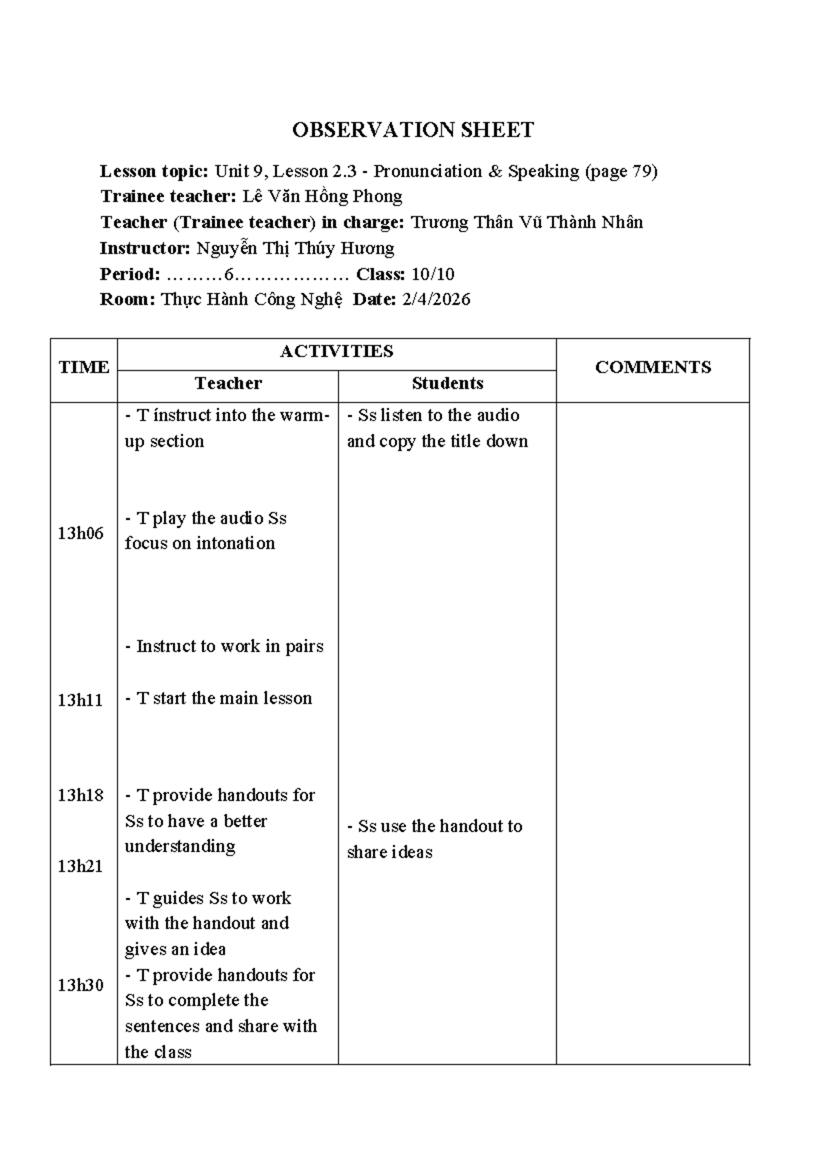 Unit 9, Lesson 2.3 Pronunciation Observation Sheet - Studocu