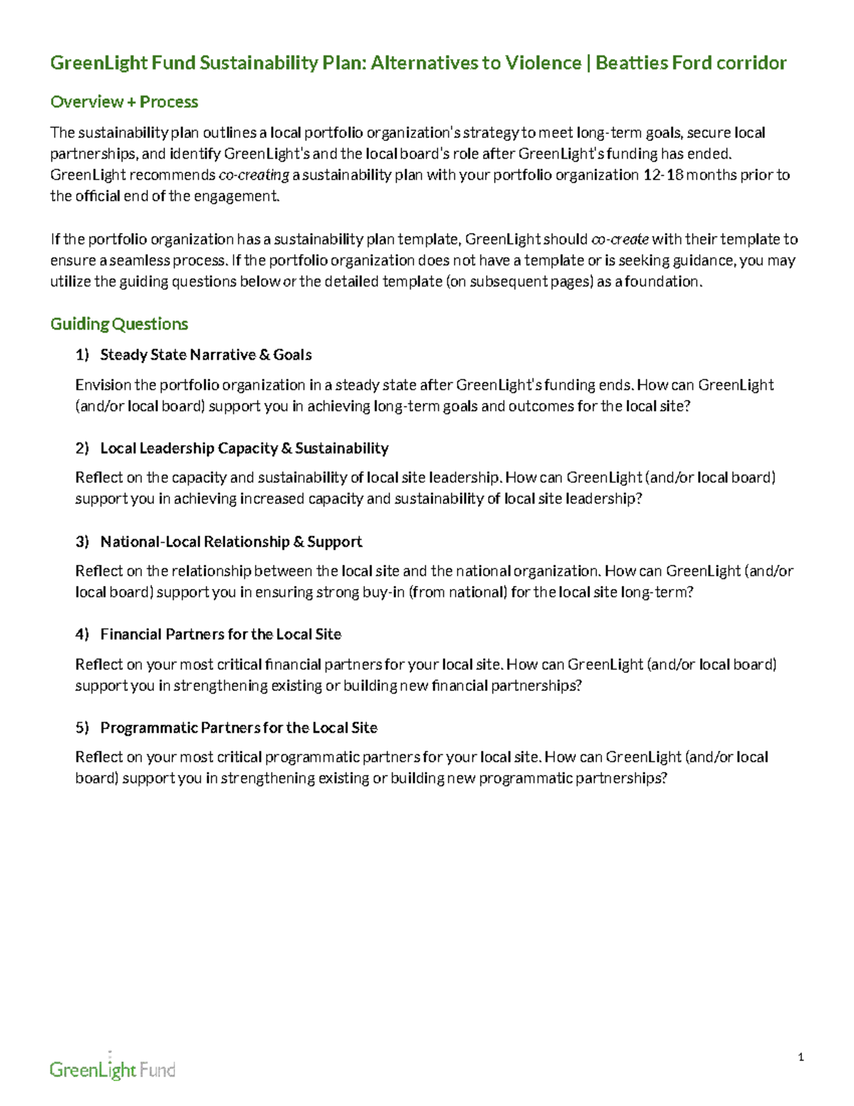 GreenLight Fund Sustainability Plan: Alternatives to Violence 2024-2025 Overview - Studocu