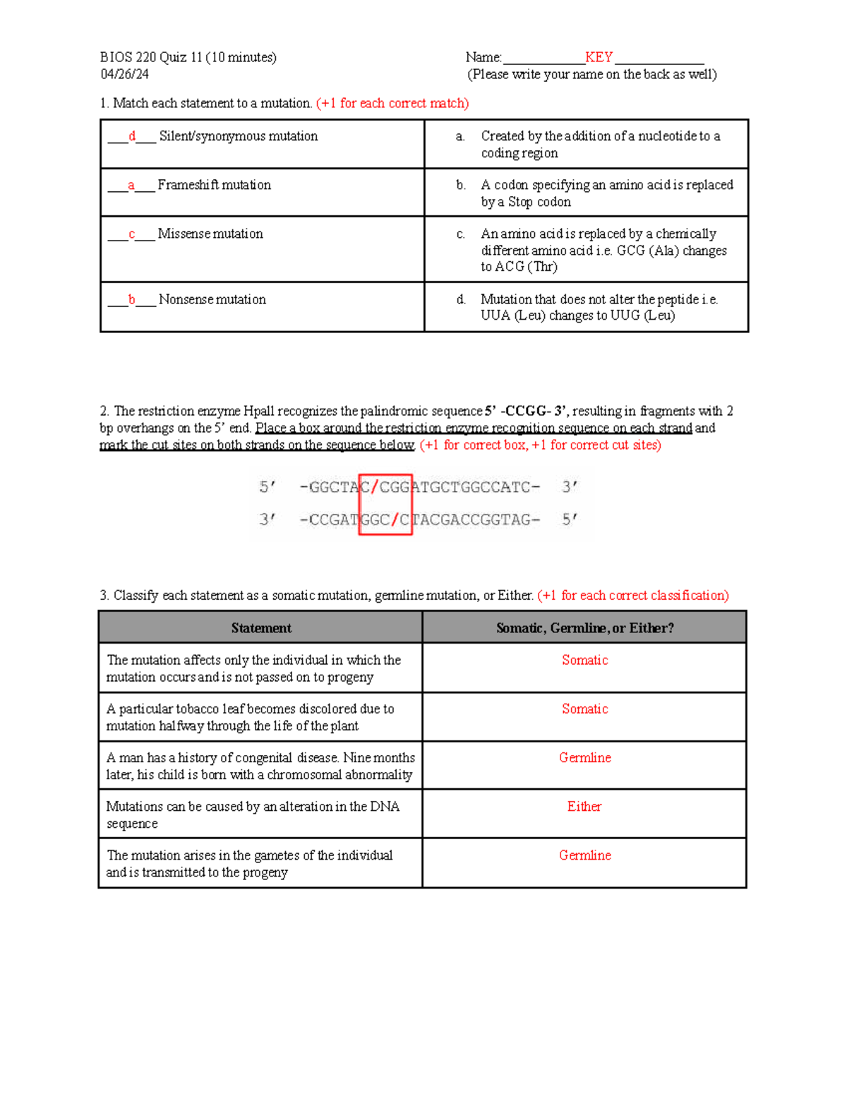 BIOS 220 Quiz 11 - Mutation Types and Classification Key - Studocu