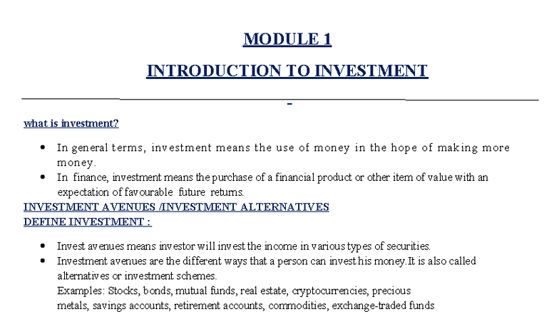 SAPM - Module 1: Introduction to Investment Concepts and Avenues - Studocu