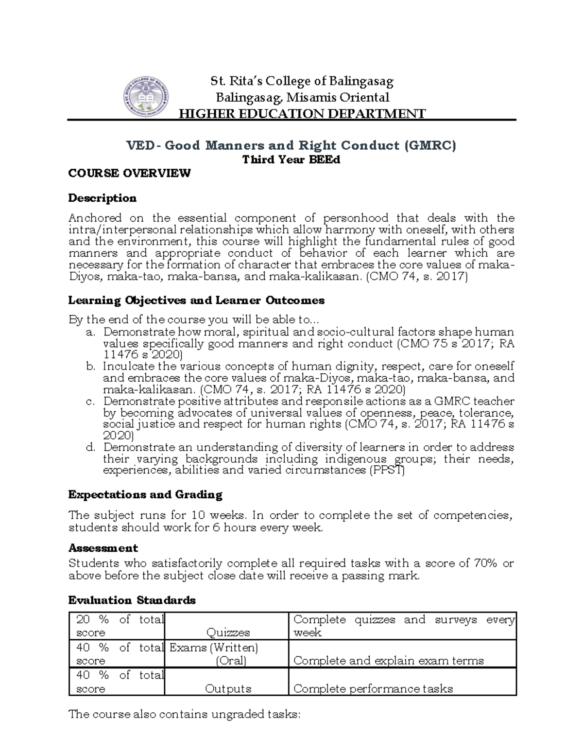 GMRC Syllabus: Cultivating Personhood & Interpersonal Skills (BEEd ...