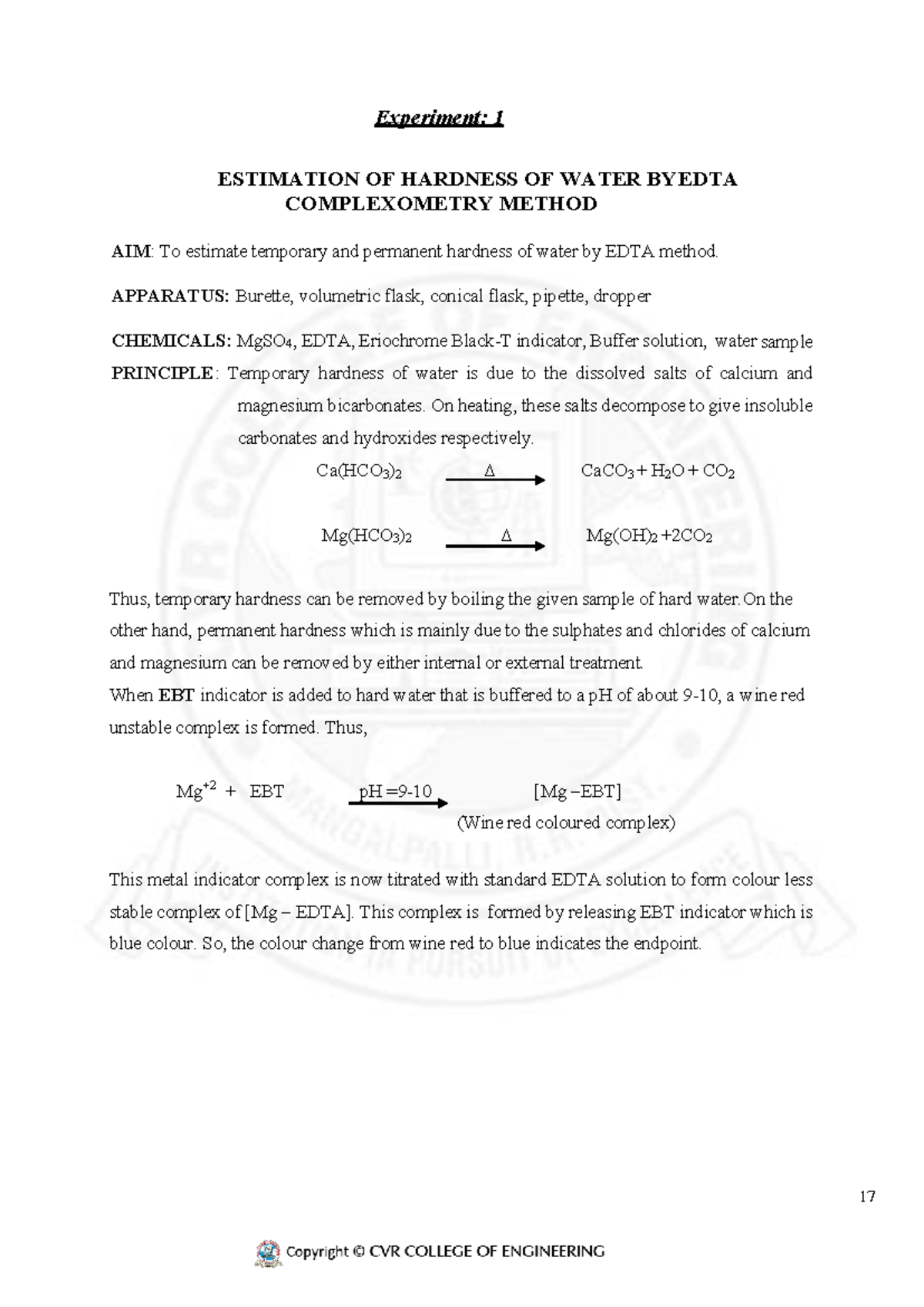 EDTA Method for Estimating Water Hardness - Experiment 1 - Studocu