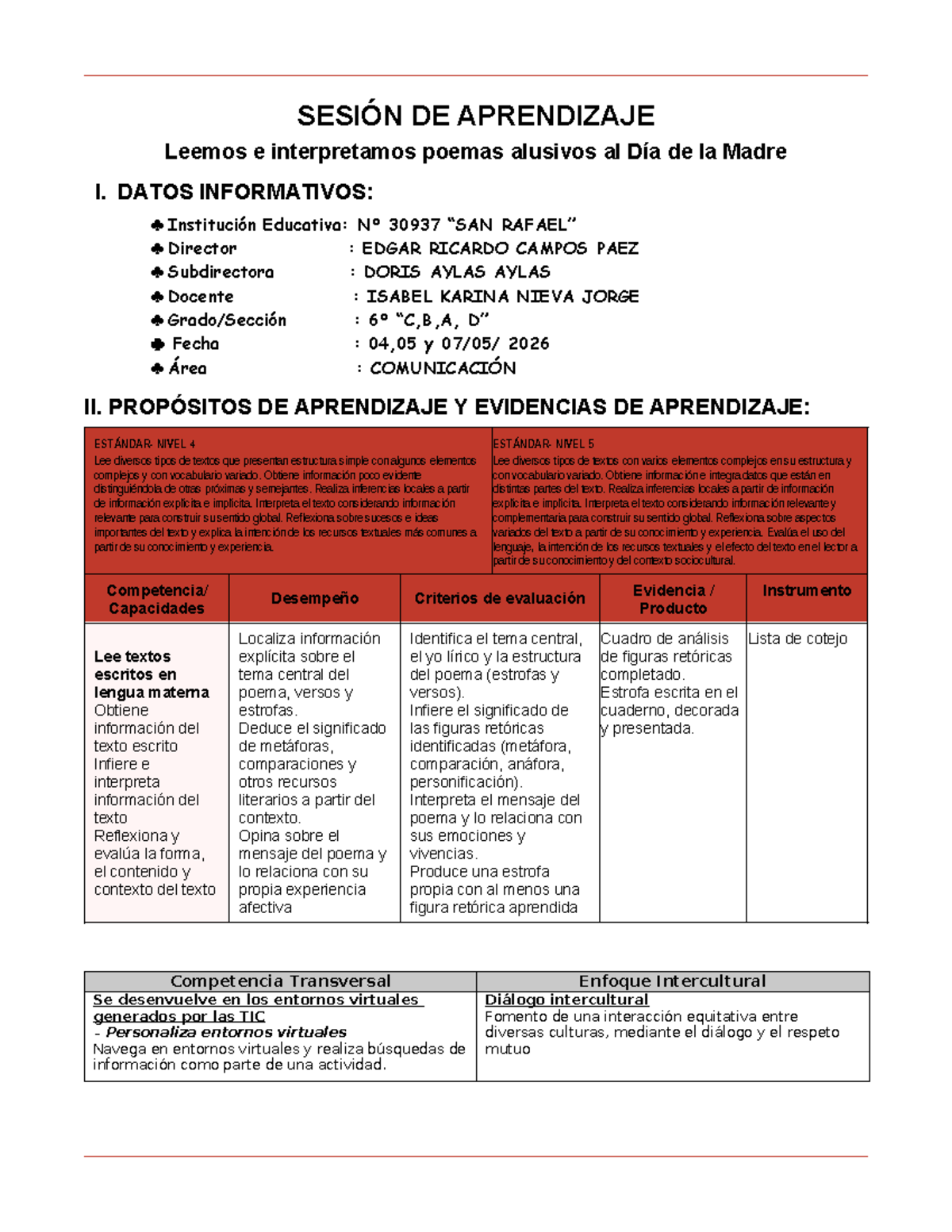 SESION DE APRENDIZAJE: Interpretación de Poemas para el Día de la Madre ...