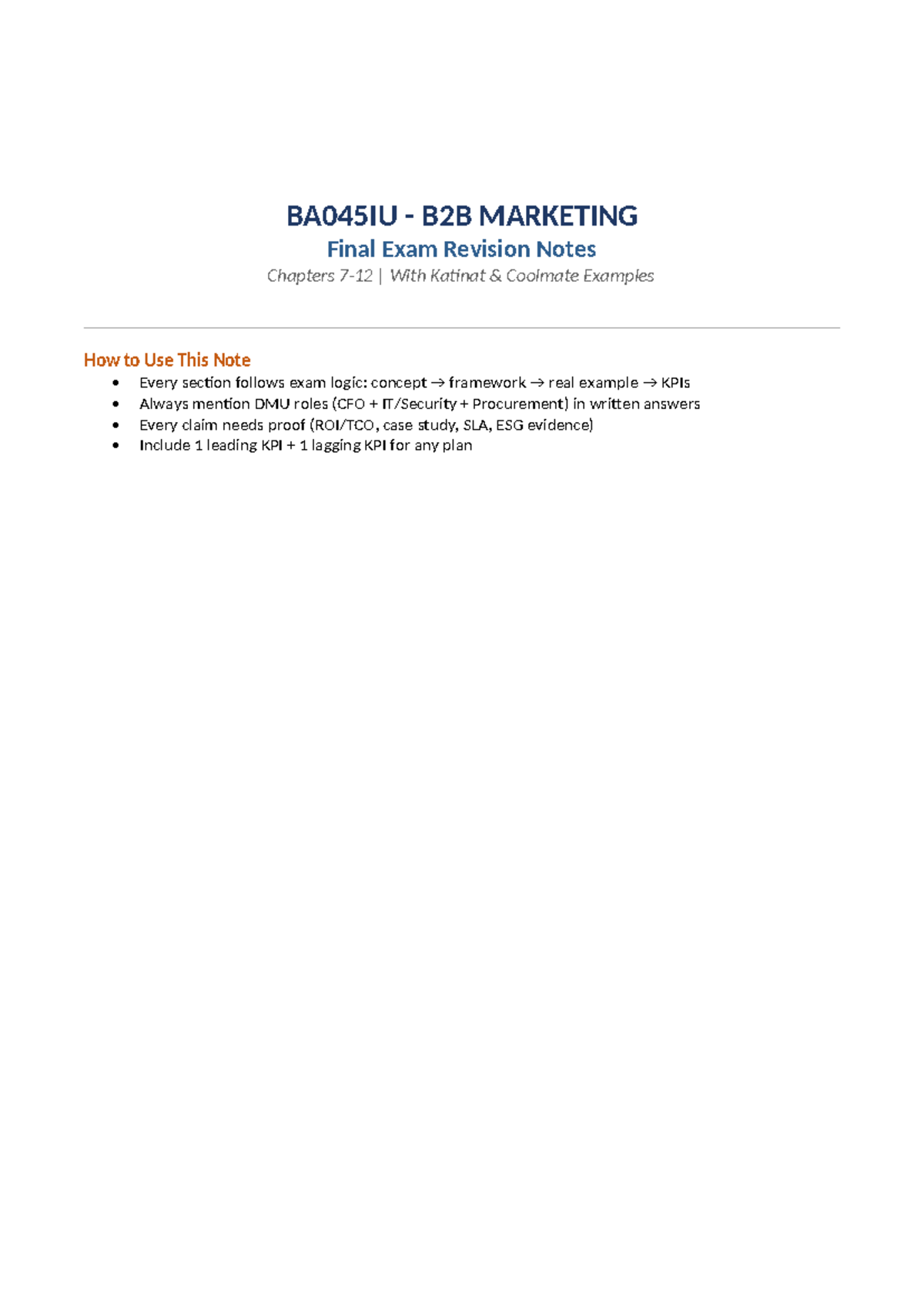 B2B Marketing BA045IU Final Exam Revision Notes with Examples - Studocu