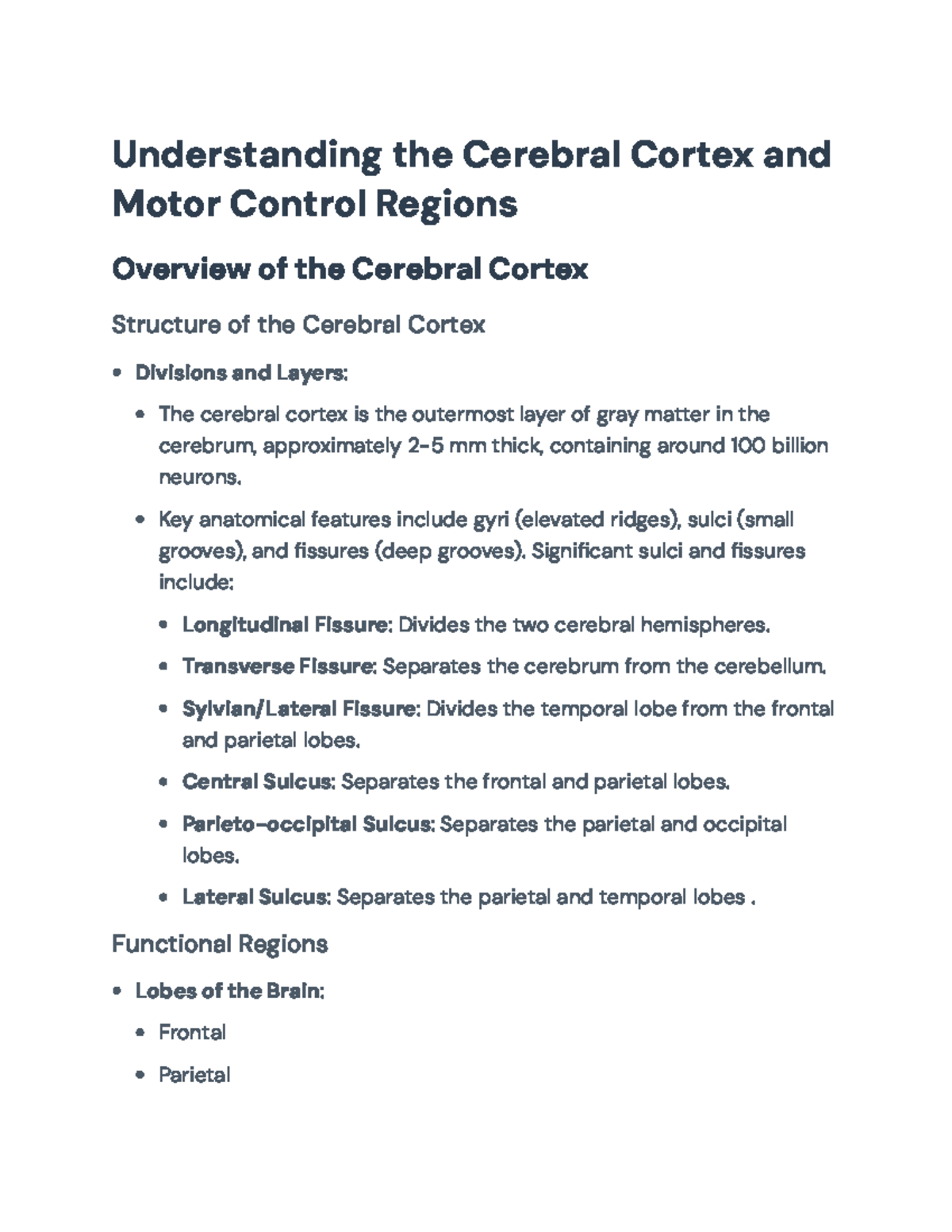 Understanding the Cerebral Cortex & Motor Control Regions: Summary ...