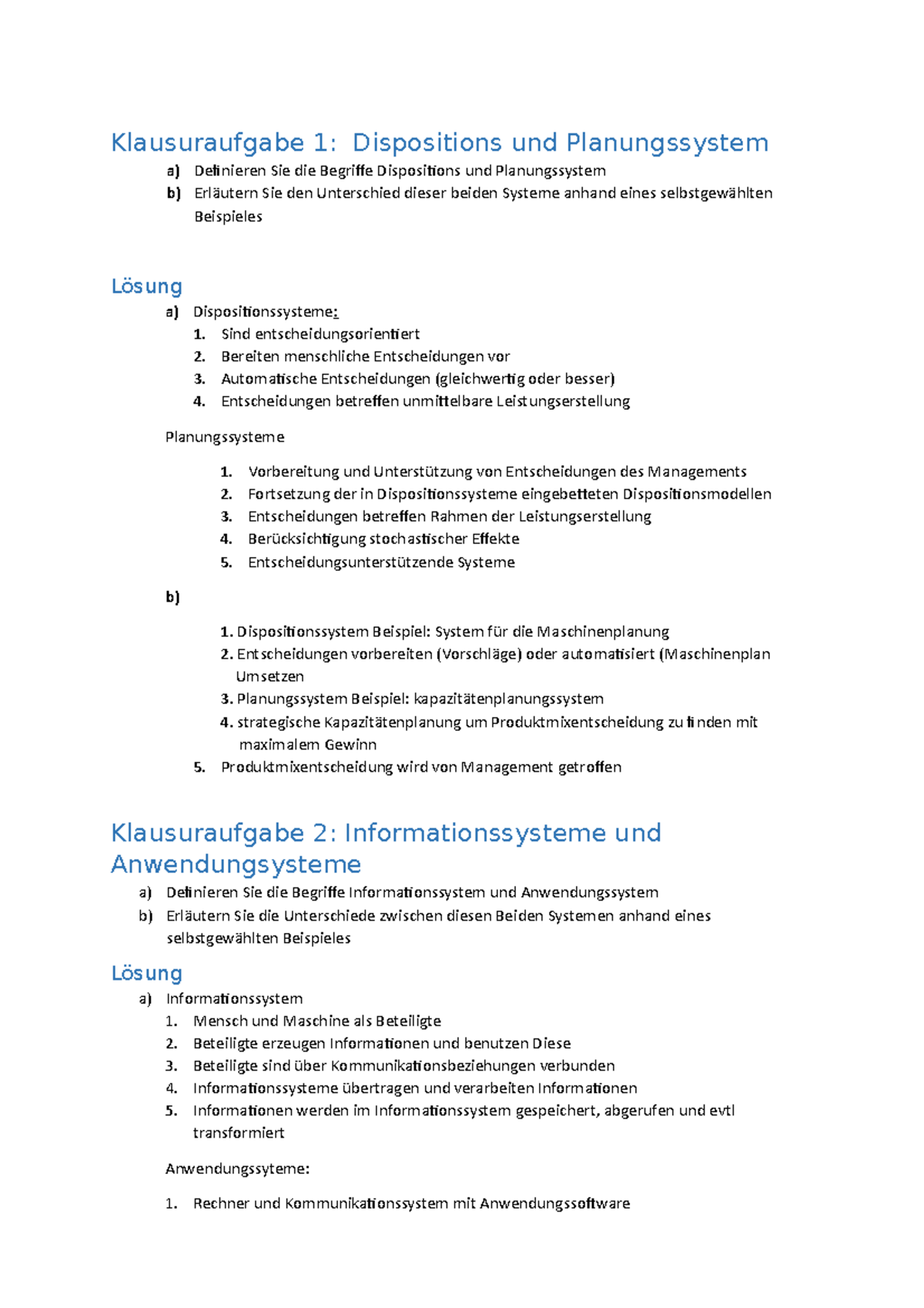 Zusammenfassung der Klausuraufgaben: Betriebliche Informationssysteme ...