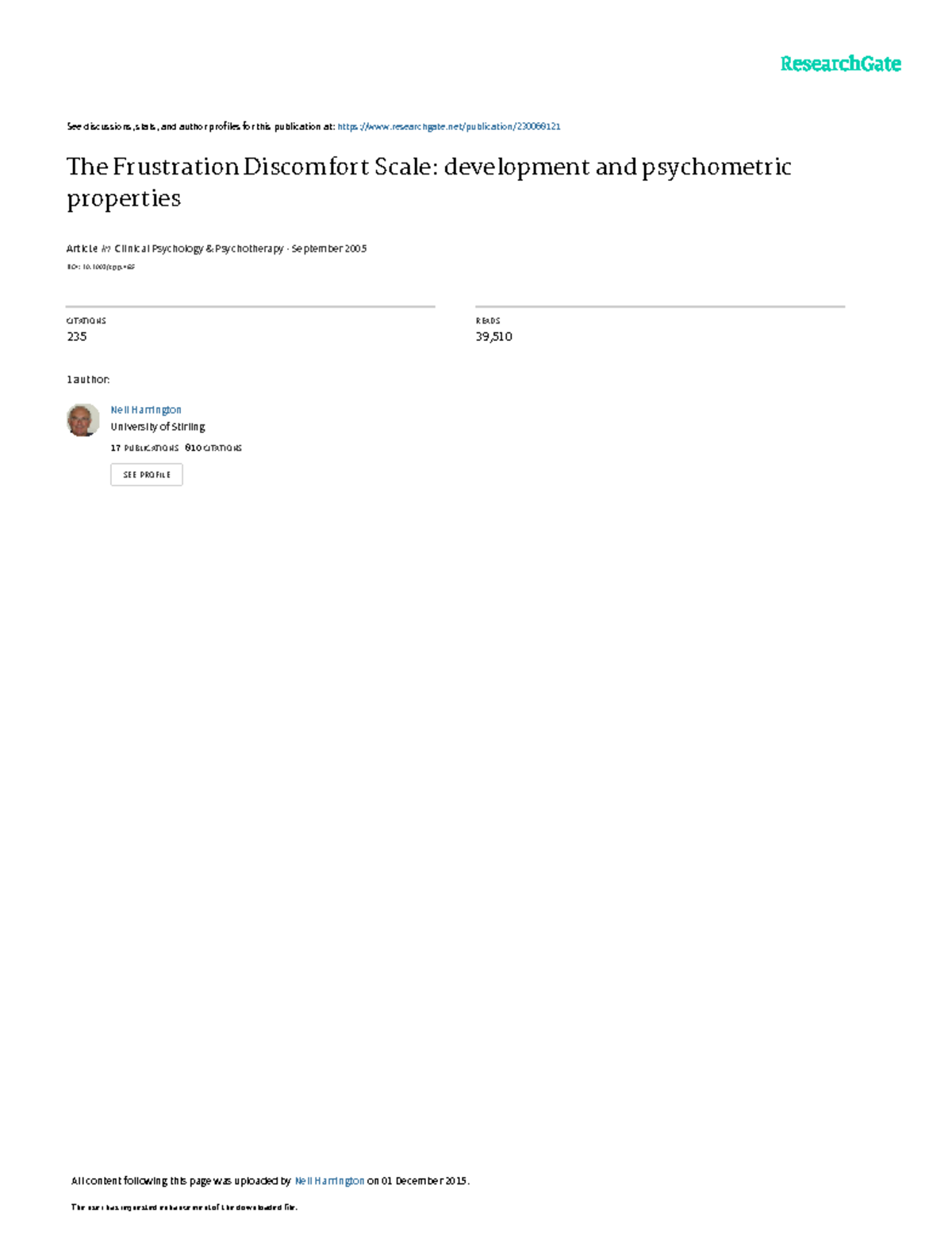 2005 Clinical Psychology: Frustration Discomfort Scale Development ...