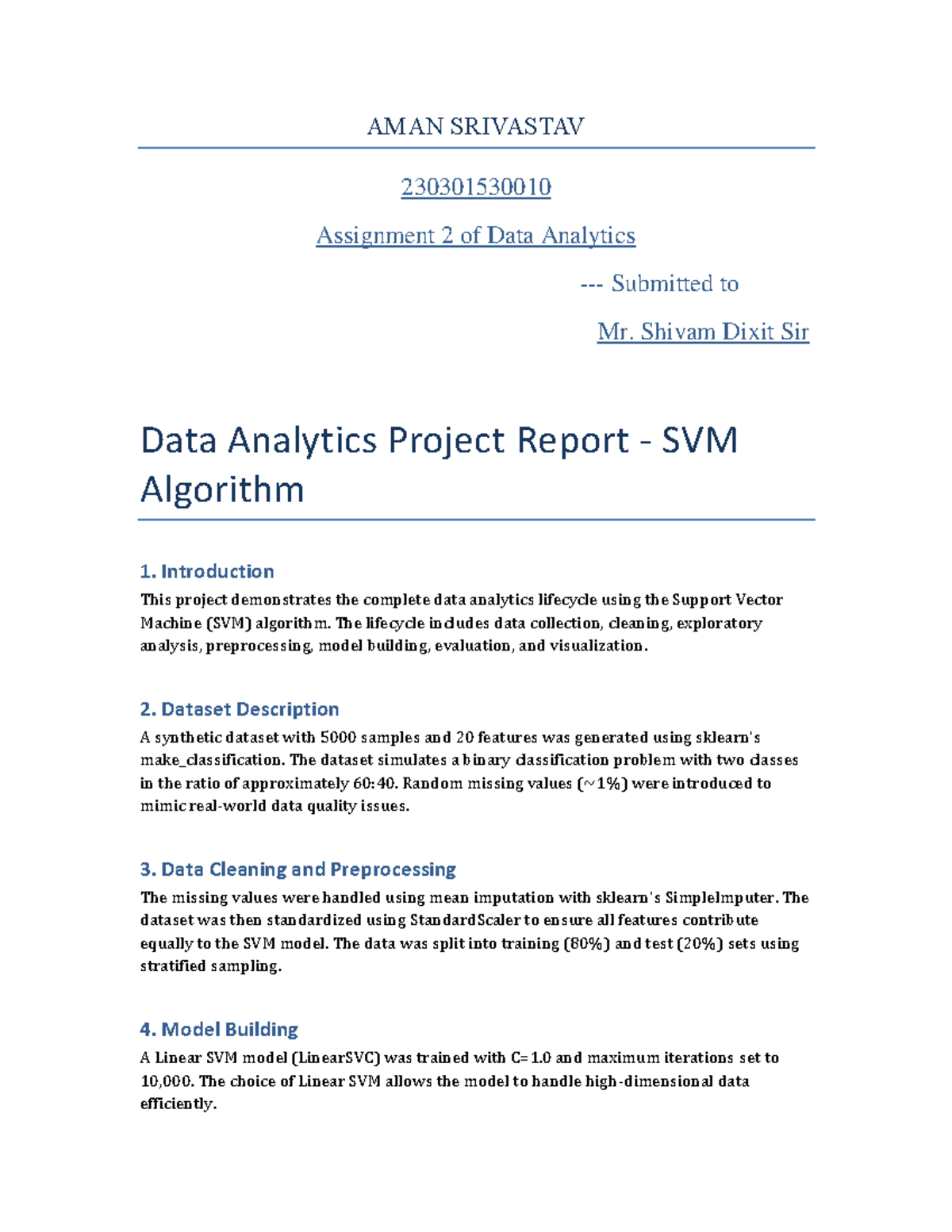 Assignment 2: SVM Algorithm Project Report for Data Analytics - Studocu