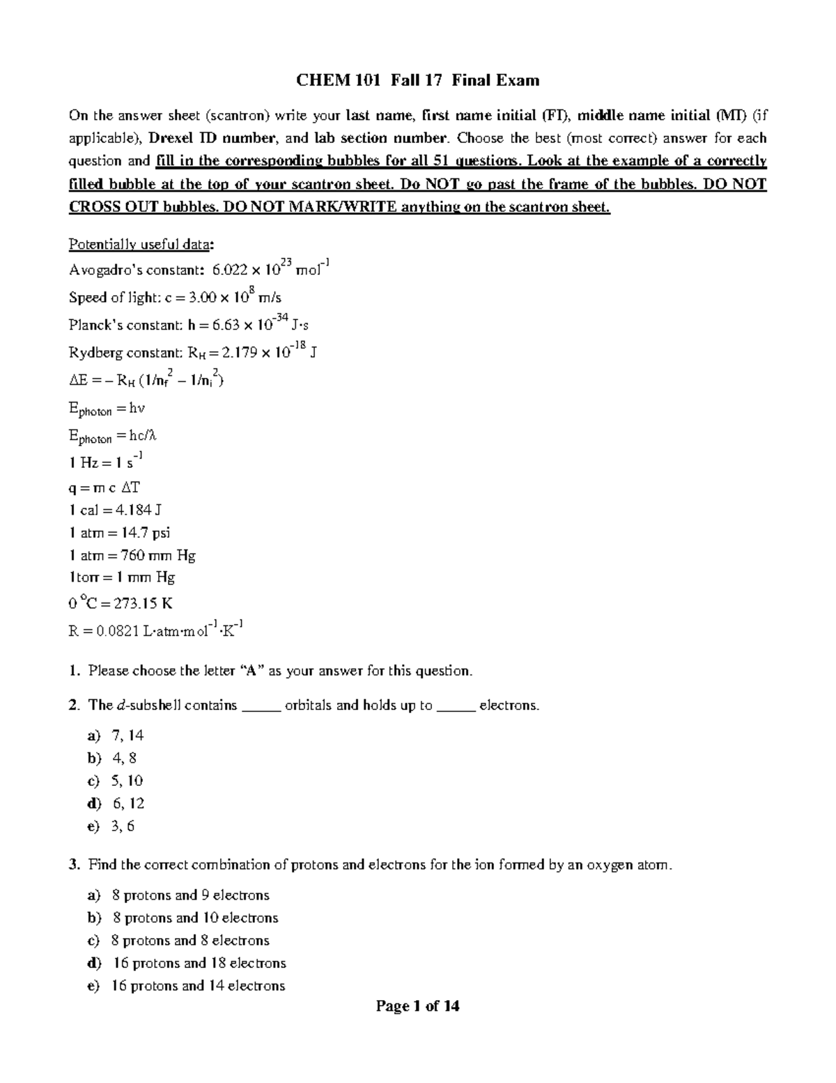 Final Exam 101 F17a w - CHEM 101 Fall 17 Final Exam On the answer sheet ...