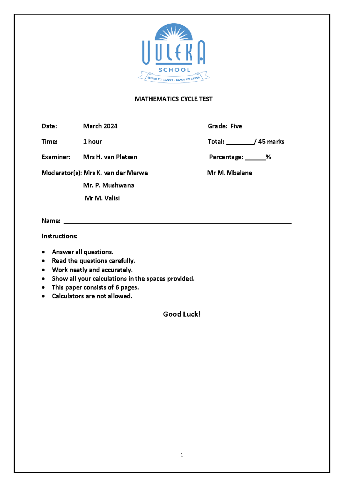 Grade 5 Maths Cycle Test Term 1 2024 - March Exam Paper - Studocu