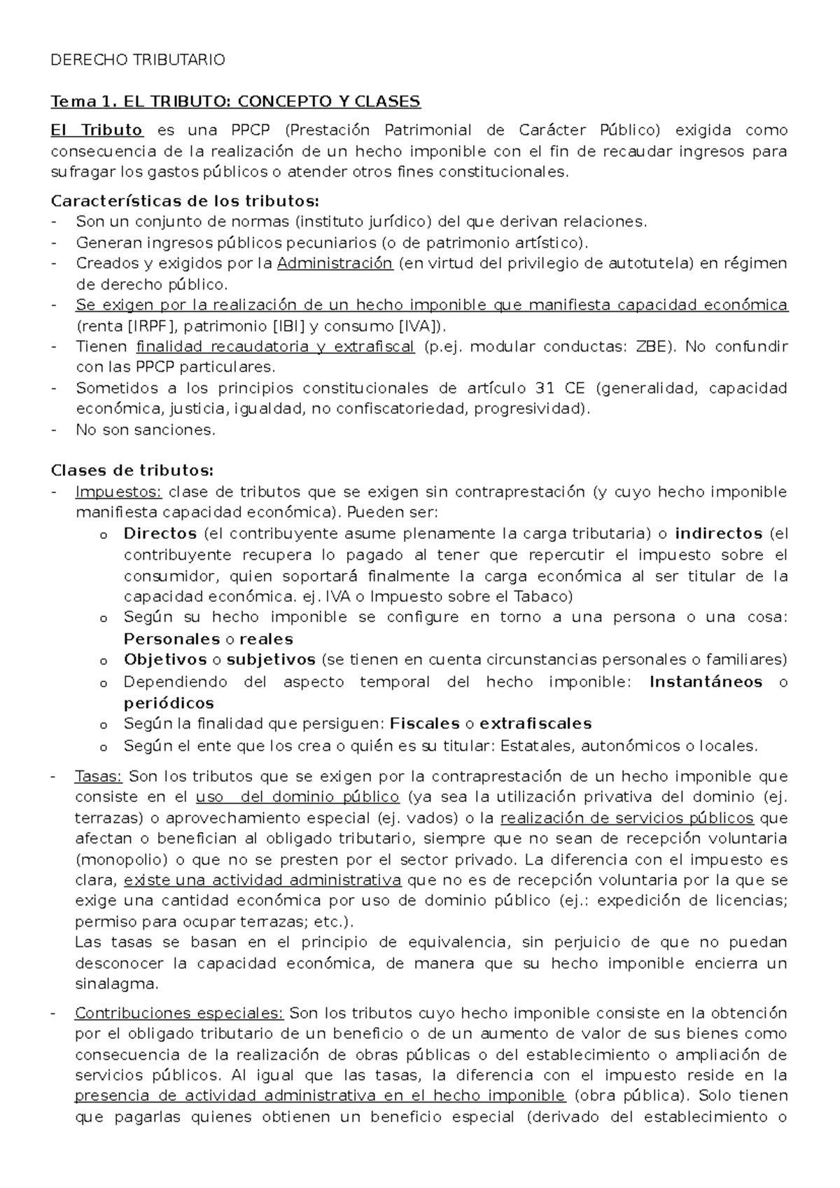 DERECHO TRIBUTARIO Tema 1: Concepto y Clases de Tributos - Studocu