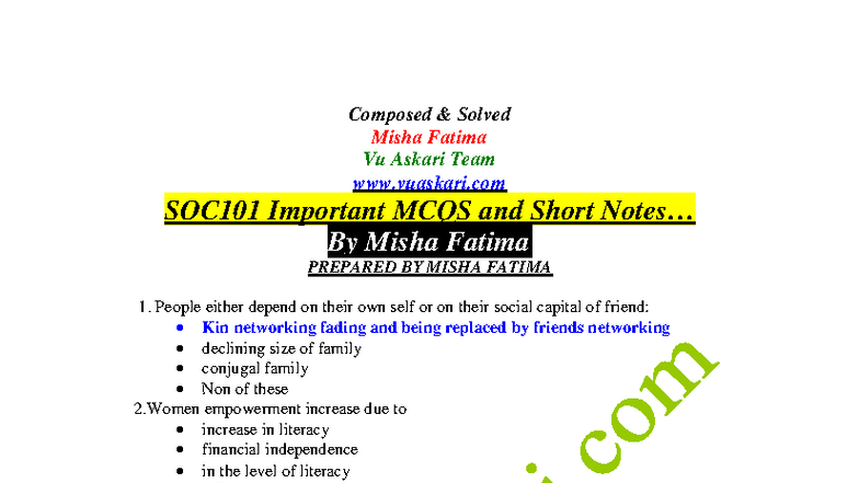 SOC101 Important MCQs & Short Notes by Misha Fatima - Studocu