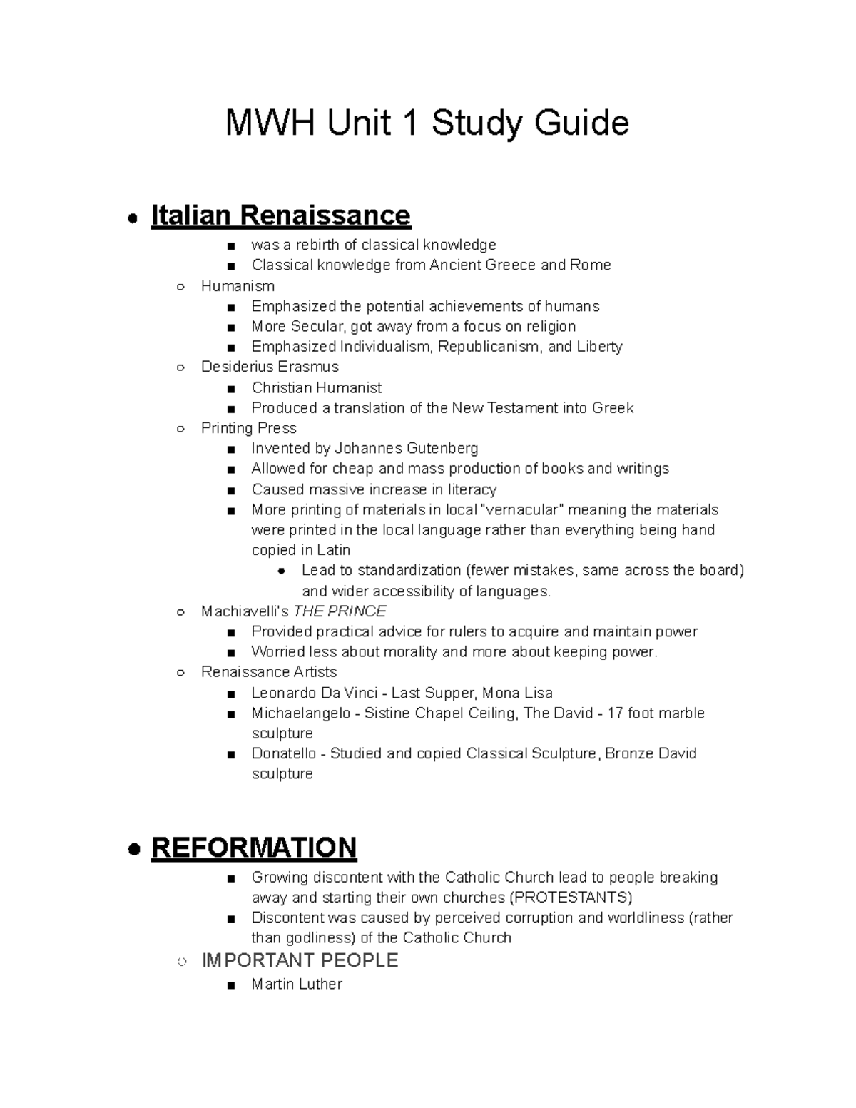 MWH Unit 1 Study Guide: Italian Renaissance, Reformation & Exploration ...