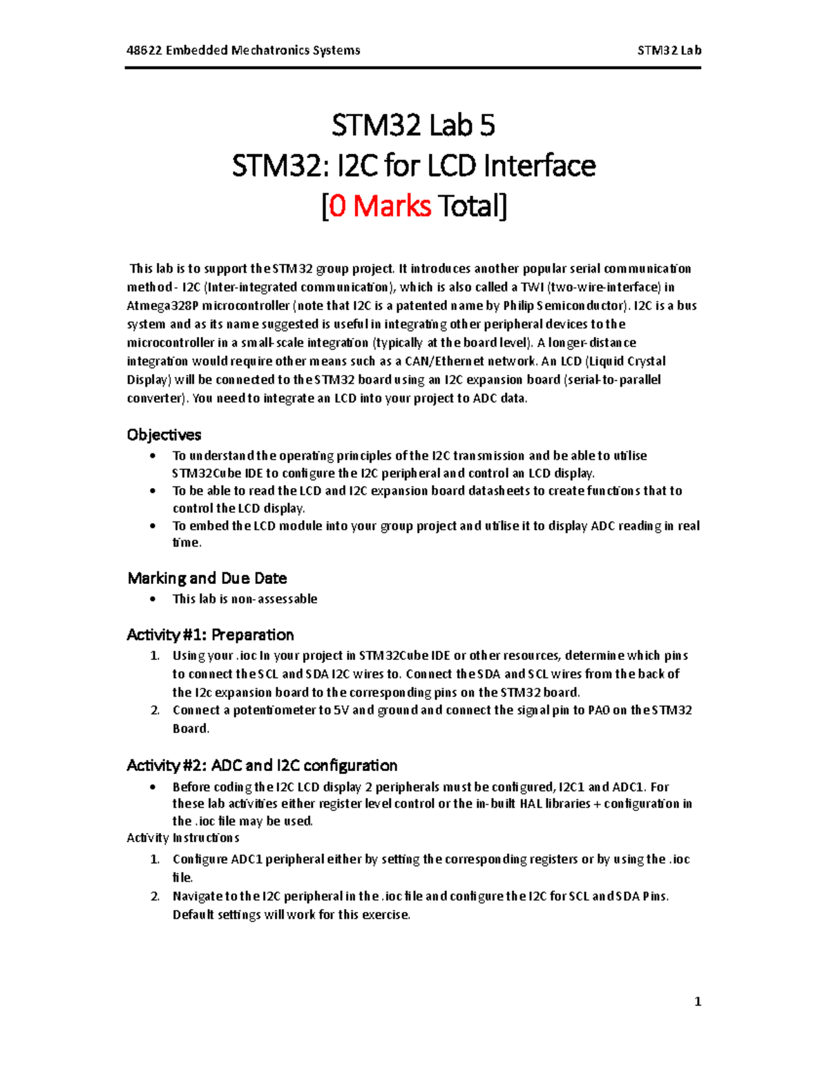 48622 Embedded Mechatronics Systems STM32 Lab 5: I2C LCD Integration - Studocu