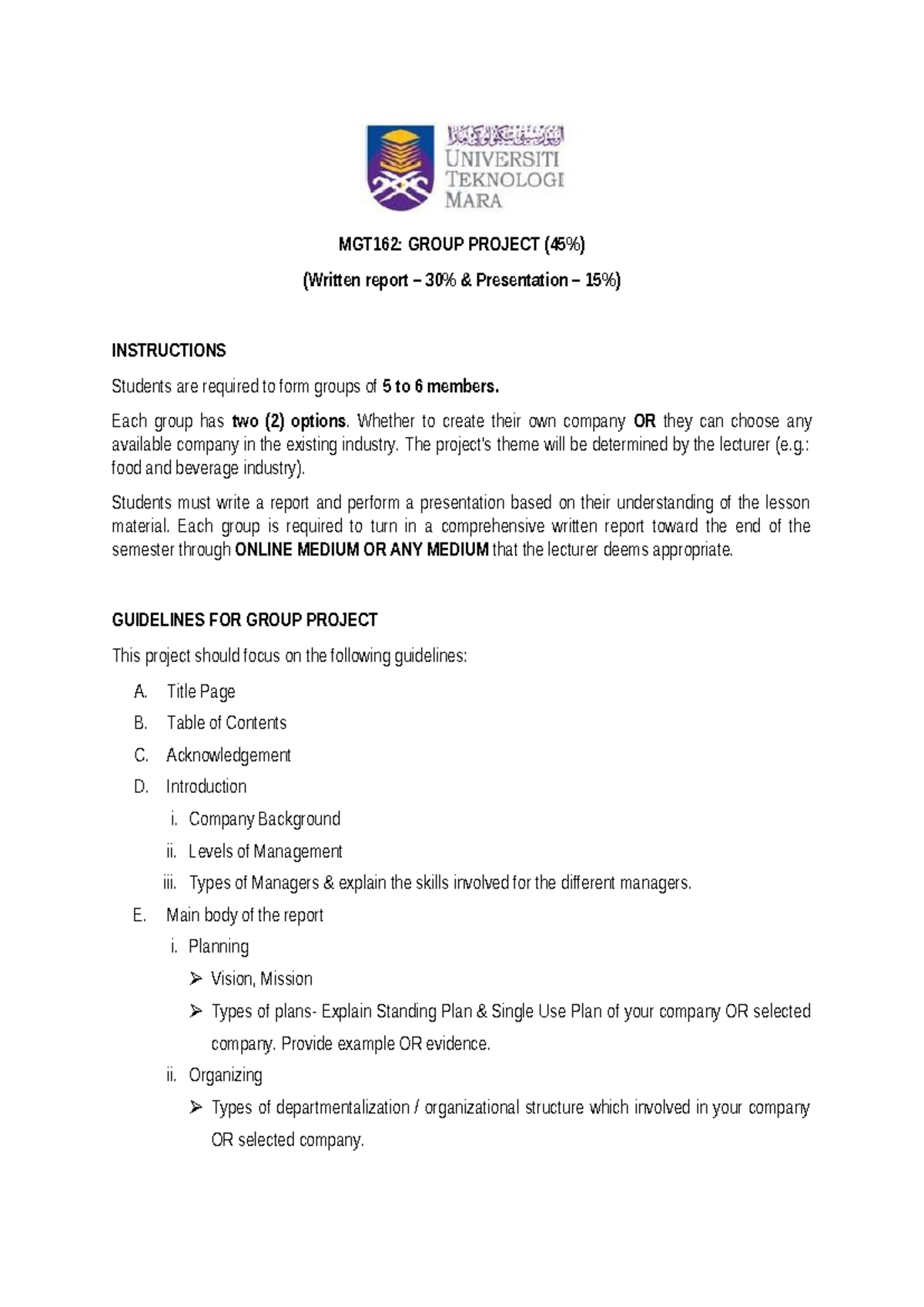 MGT162 Group Project October 2024 - MGT162: GROUP PROJECT (45% ...