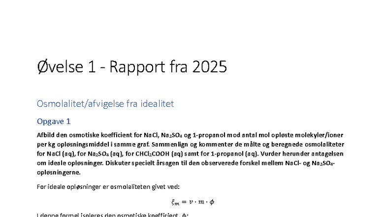 Øvelse 1 Rapport: Osmotiske Koefficienter for NaCl og Na2SO4 - Studocu