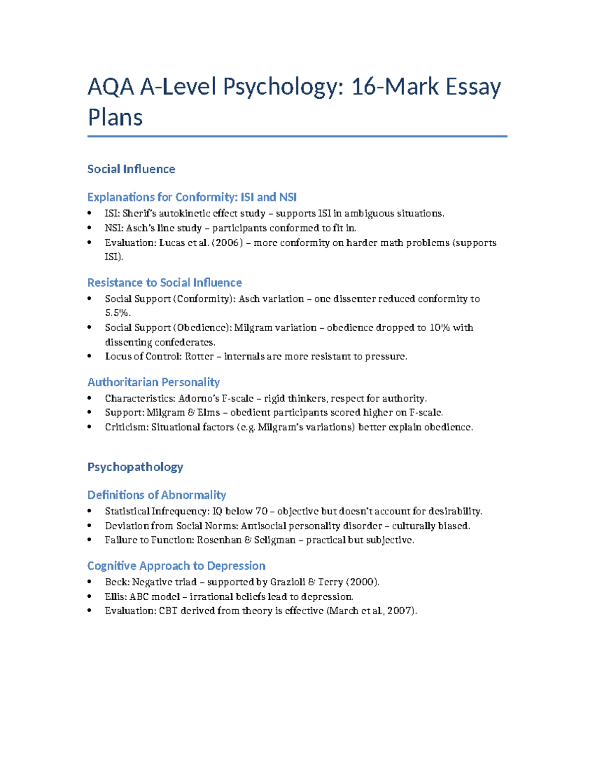 AQA Psychology 16-Mark Essay Plans: Key Theories & Evaluations - Studocu