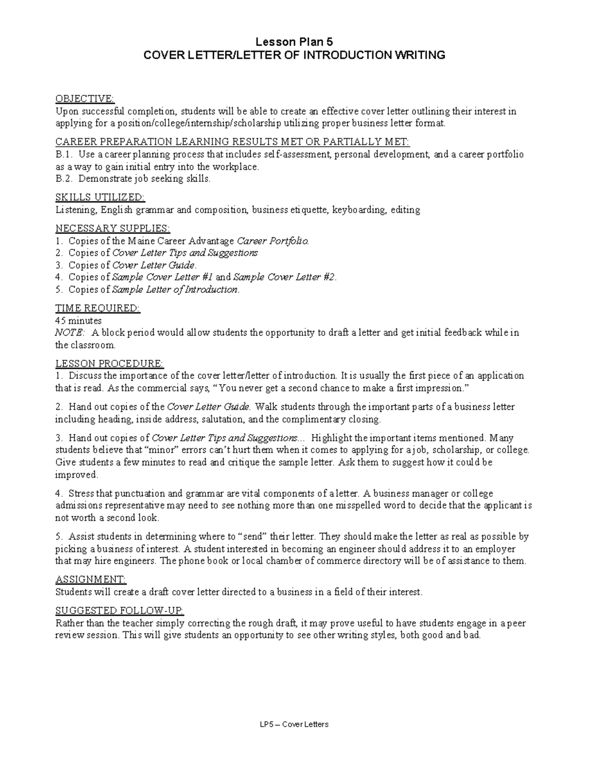 COVER LETTER WRITING LESSON PLAN: OBJECTIVES & STRATEGIES - Studocu
