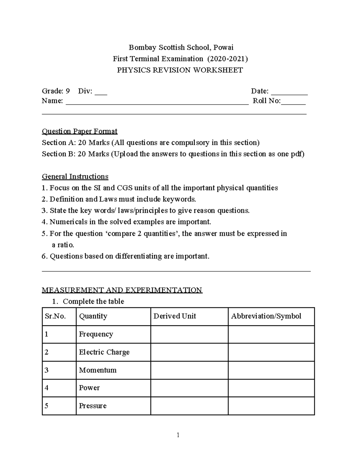 T1 Revision Grade 9 Physics - Bombay Scottish School, Powai First ...