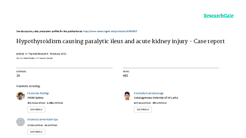 Hypothyroidism-Induced Paralytic Ileus & AKI: A Case Study (TR 2011 ...