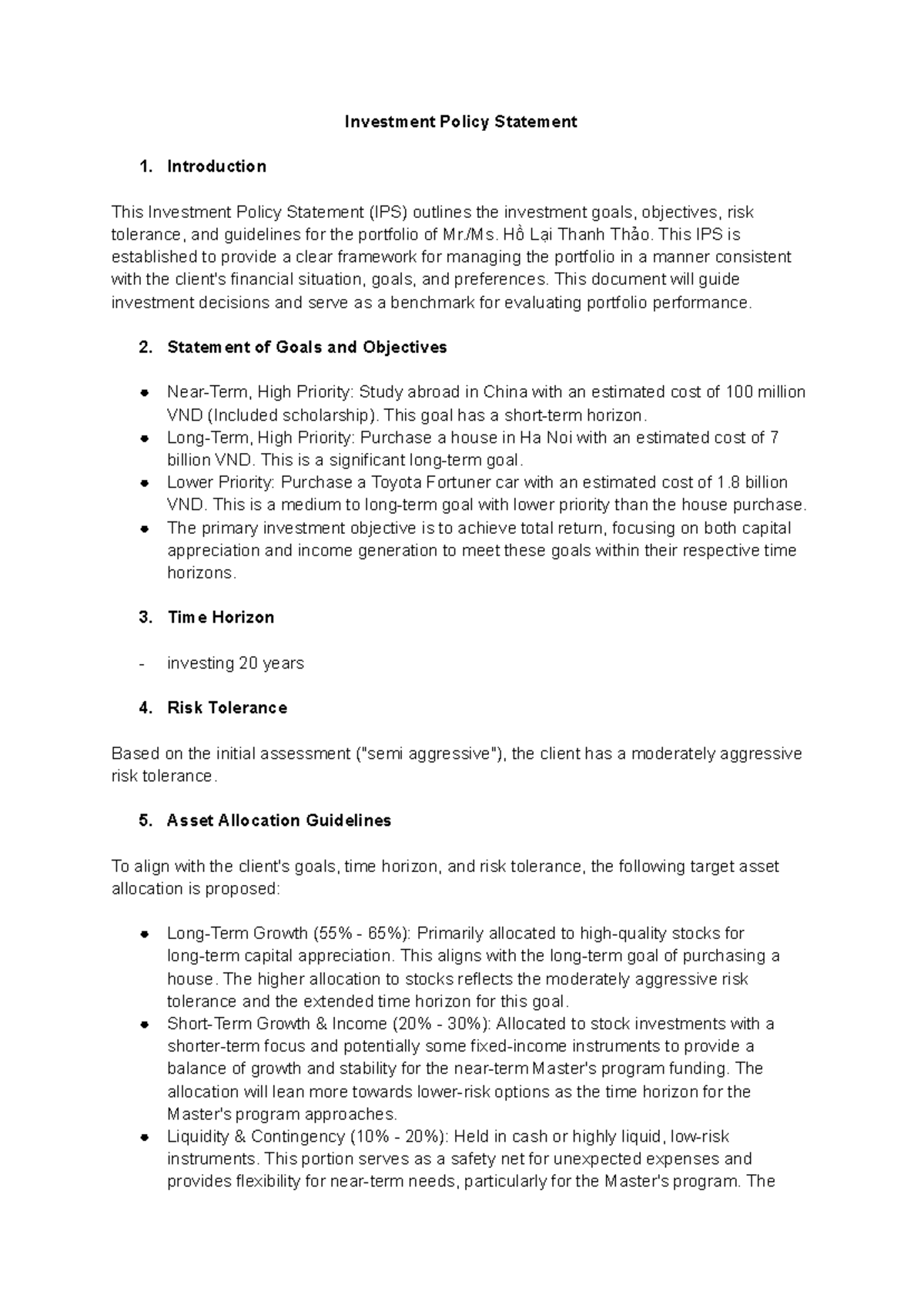 Investment Policy Statement for Hồ Lại Thanh Thảo's Portfolio - Studocu